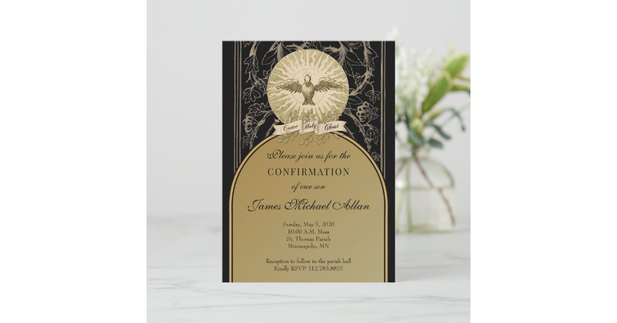 Catholic Confirmation Gold and Black Invitation | Zazzle