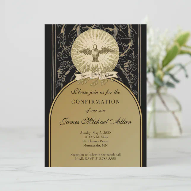 Catholic Confirmation Gold and Black Invitation | Zazzle