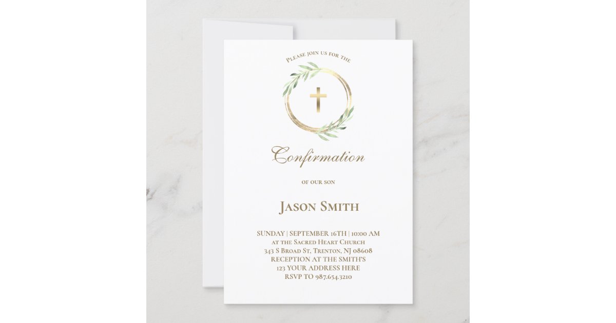 catholic Confirmation gold circle green leaves Invitation | Zazzle