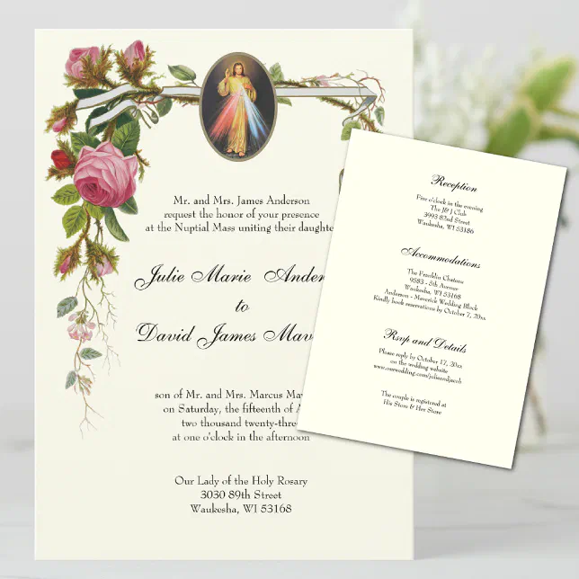 Catholic Elegant Ivory Wedding Divine Mercy COMBO Invitation | Zazzle