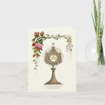Catholic Eucharistic Host Gold Monstrance Roses Card | Zazzle