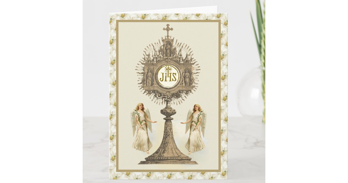Catholic Eucharistic Host with Angels White Lilies Card | Zazzle