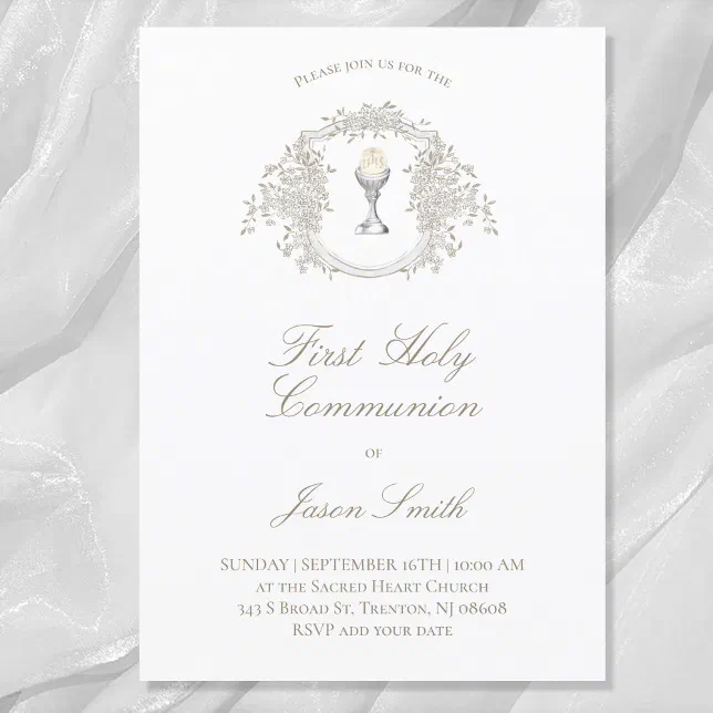catholic first communion chalice beige grey crest invitation | Zazzle