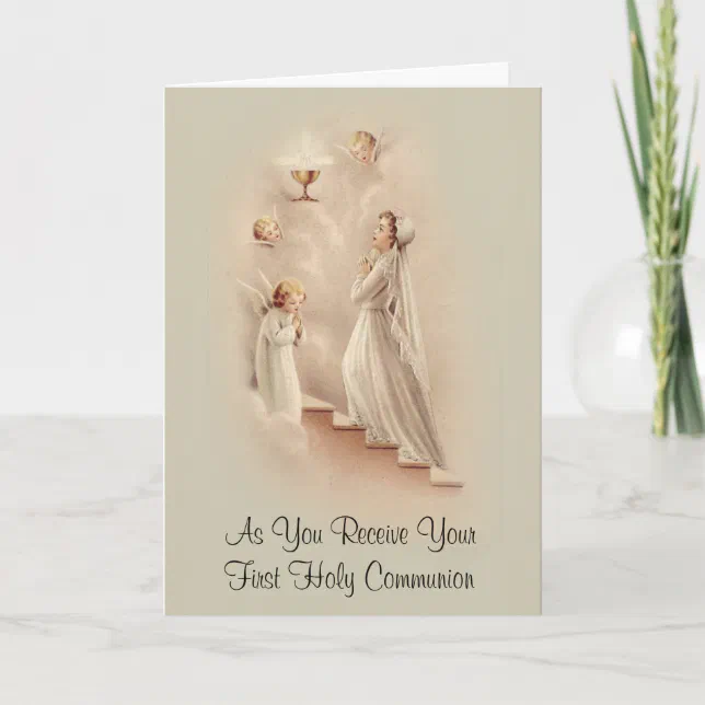 Catholic First Holy Communion for Girl with Angels Holiday Card | Zazzle