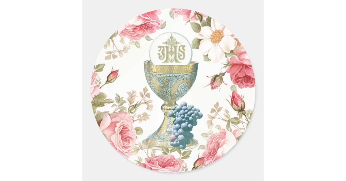 Catholic First Holy Communion pink roses Classic Round Sticker | Zazzle