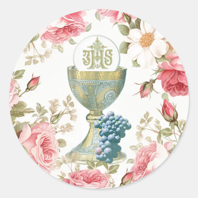 Catholic First Holy Communion pink roses Classic Round Sticker | Zazzle