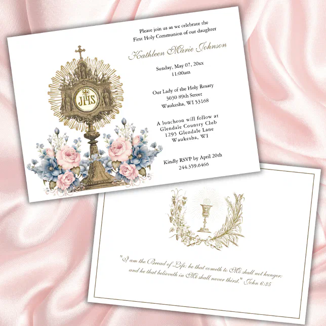 Catholic Floral Communion Eucharist Girl or Boy Invitation | Zazzle