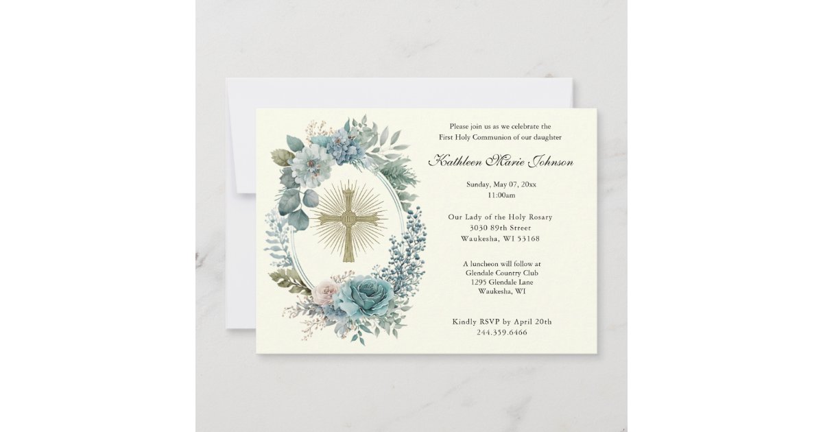 Catholic Floral Cross First Communion Invitations | Zazzle