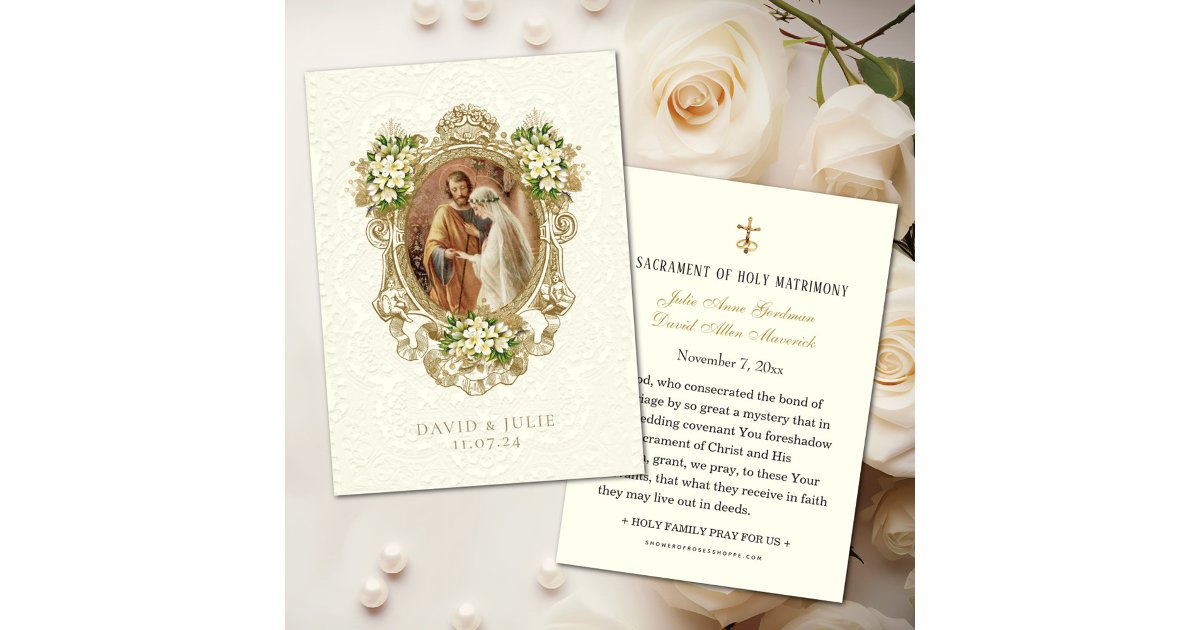 Catholic Floral Gold Wedding Holy Card | Zazzle