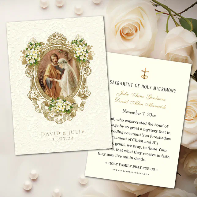 Catholic Floral Gold Wedding Holy Card | Zazzle