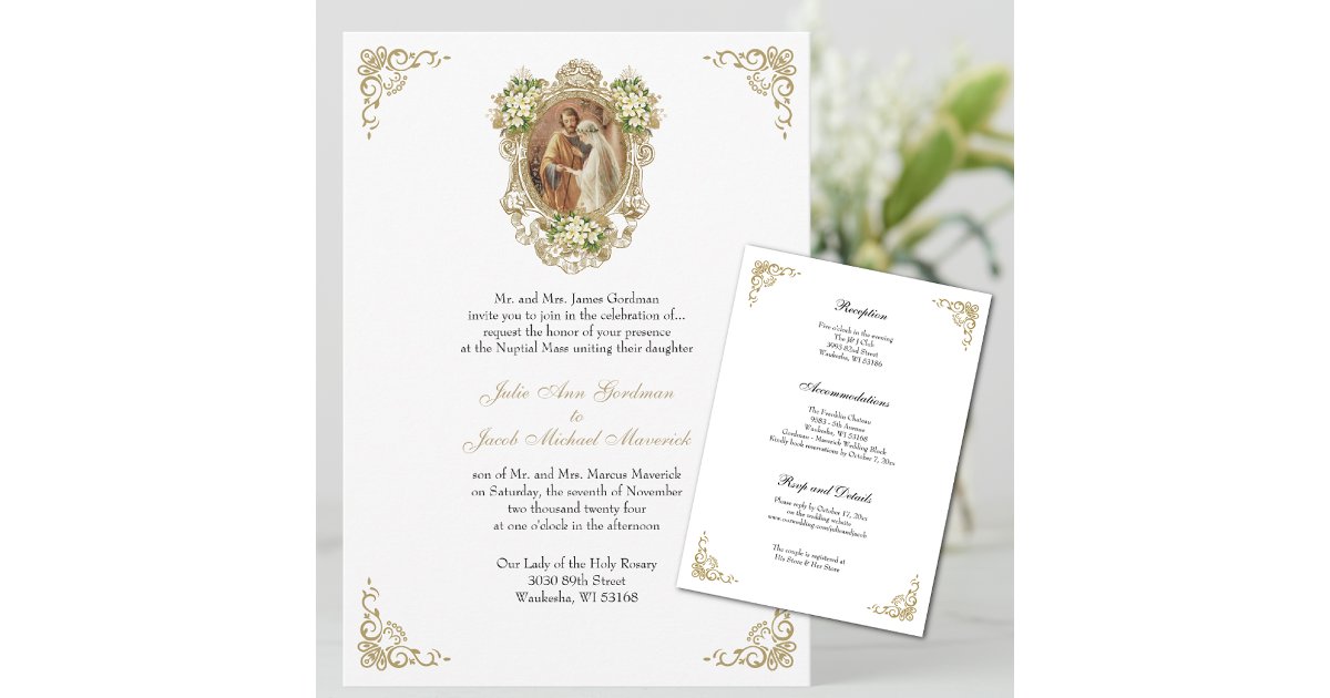 CATHOLIC FLORAL GOLD WEDDING INVITATIONS | Zazzle