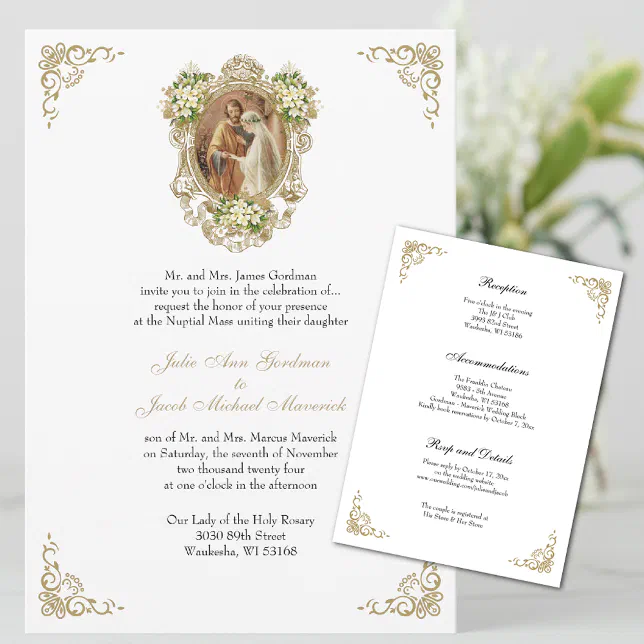 CATHOLIC FLORAL GOLD WEDDING INVITATIONS | Zazzle