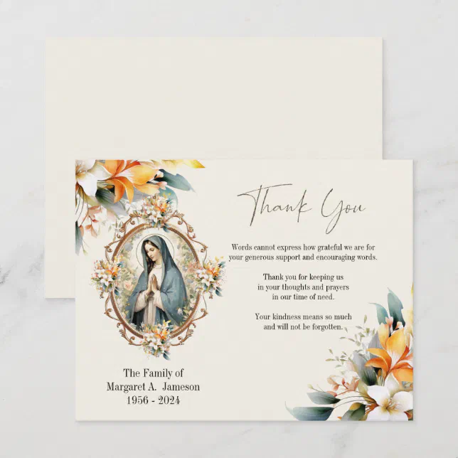 Catholic Floral Mary Funeral Condolence Sympathy Thank You Card | Zazzle