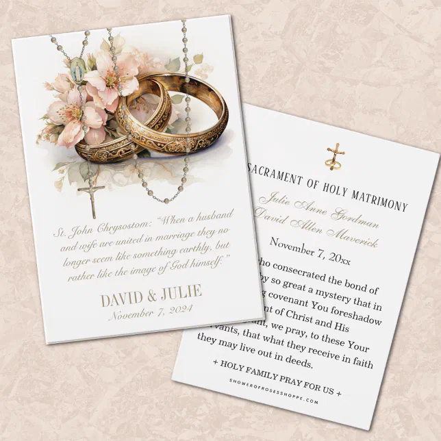 Catholic Floral Rings Wedding Holy Card | Zazzle