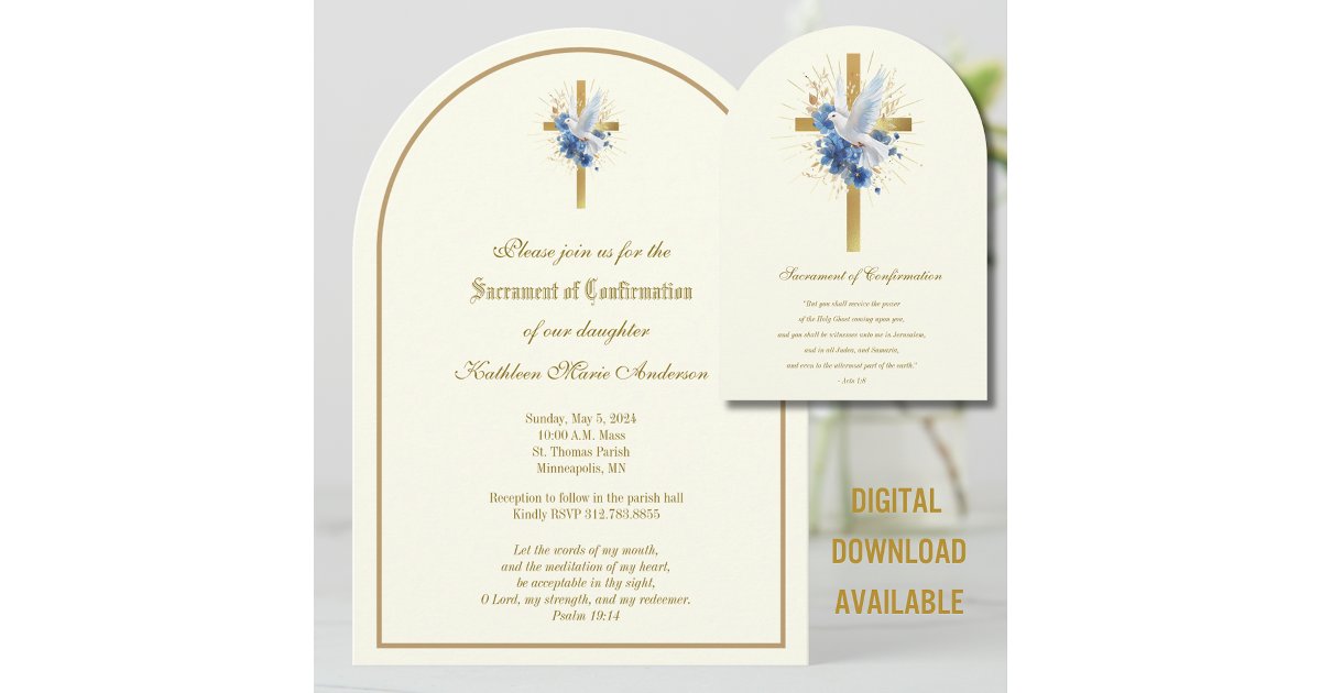 Catholic Gold Confirmation Dove Pink Roses Invitation | Zazzle