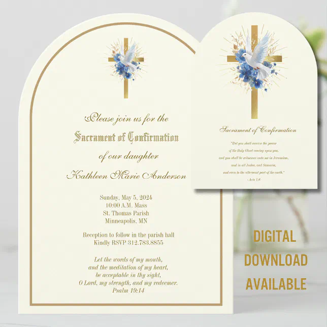 Catholic Gold Confirmation Dove Pink Roses Invitation | Zazzle