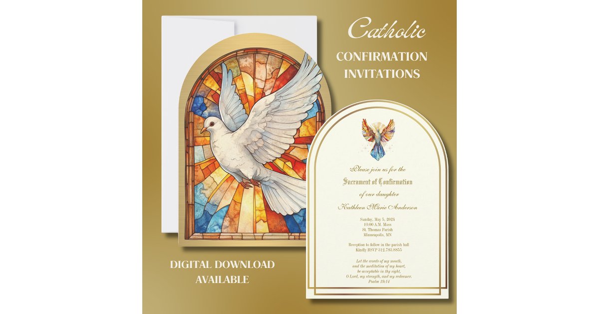 Catholic Gold Confirmation Dove Stained Glass Invitation | Zazzle