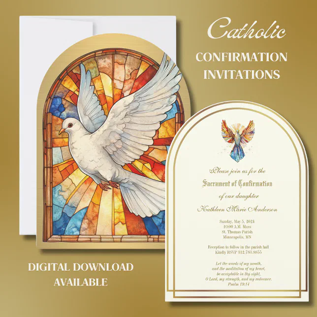 Catholic Gold Confirmation Dove Stained Glass Invitation | Zazzle