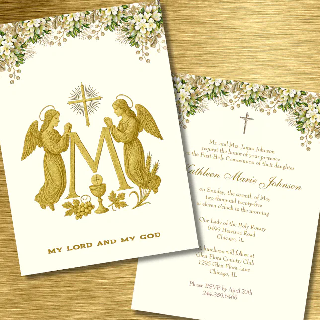 Catholic Holy Communion Angels Floral Invitation | Zazzle