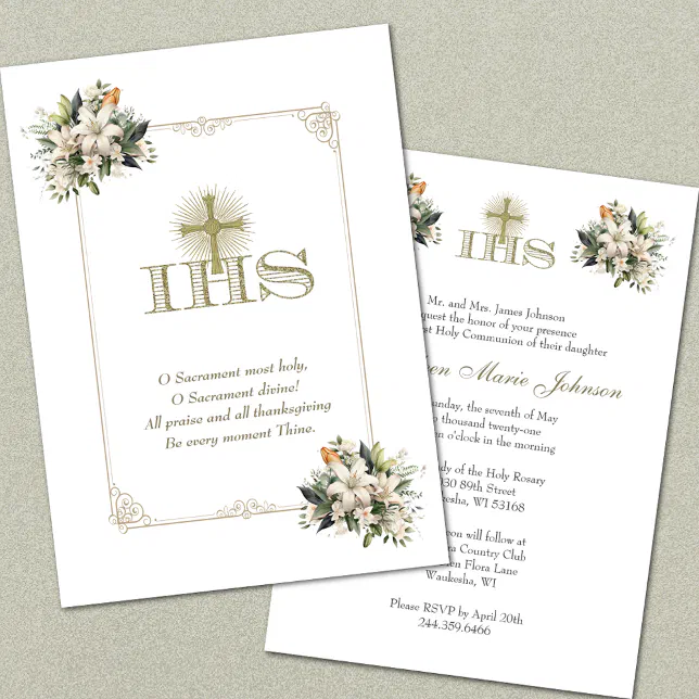 Catholic Holy Communion Floral Cross Invitation | Zazzle