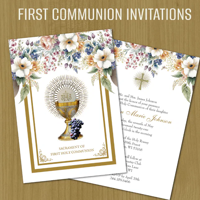 Catholic Holy Communion Floral Eucharist Invitation | Zazzle