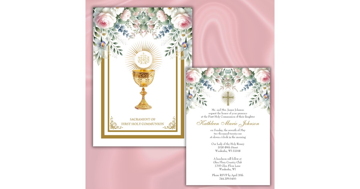 Catholic Holy Communion Floral Eucharist Invitation | Zazzle