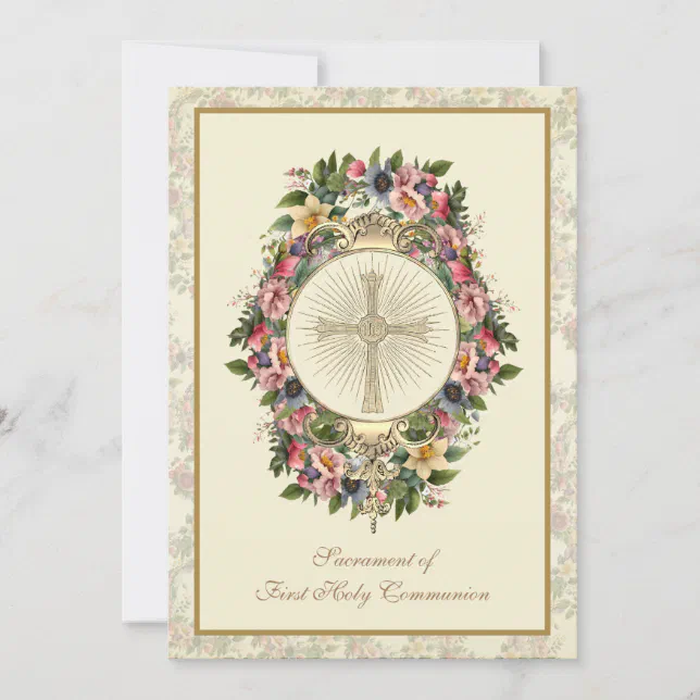 Catholic Holy Communion Floral Gold Cross Invitation | Zazzle