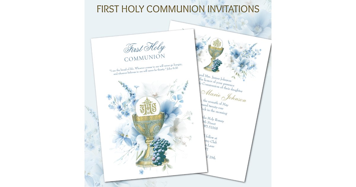 Catholic Holy Communion Light Blue Floral Invitation | Zazzle