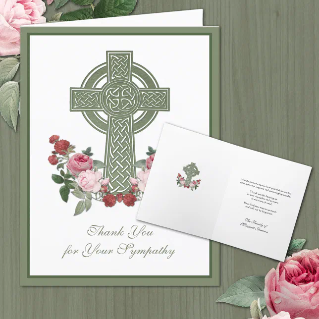 Catholic Irish Celtic Cross Roses Condolence Thank You Card | Zazzle