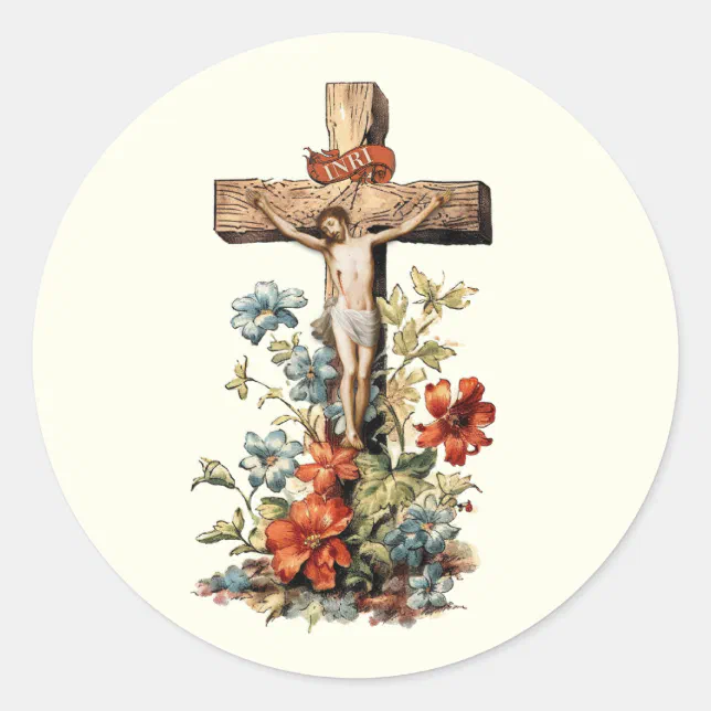 Catholic Jesus Crucifixion Floral Cross Classic Round Sticker | Zazzle