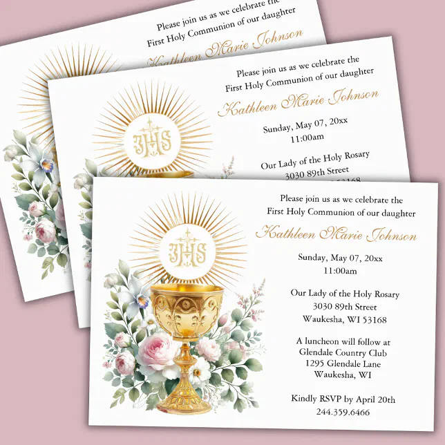 Catholic Jesus First Communion Floral Invitations | Zazzle