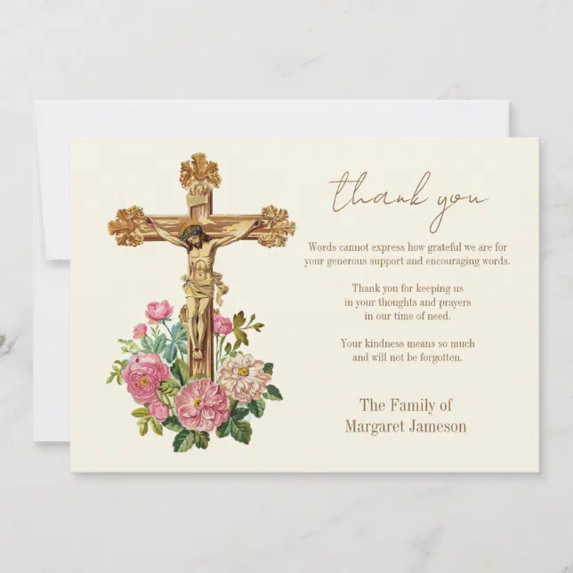Catholic Jesus Floral Funeral Condolence Sympathy Thank You Card | Zazzle