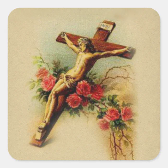 Catholic Jesus on Crucifix Roses Square Sticker | Zazzle