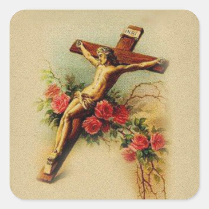 Catholic Jesus on Crucifix Roses Square Sticker | Zazzle.com