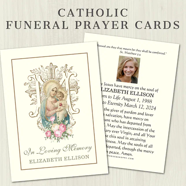 Catholic Mary Jesus Floral Funeral Prayer Cards | Zazzle