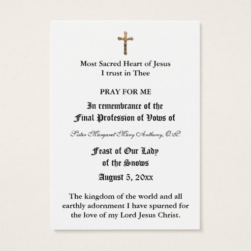 CATHOLIC NUN PROFESSION OF VOWS HOLY CARD | Zazzle