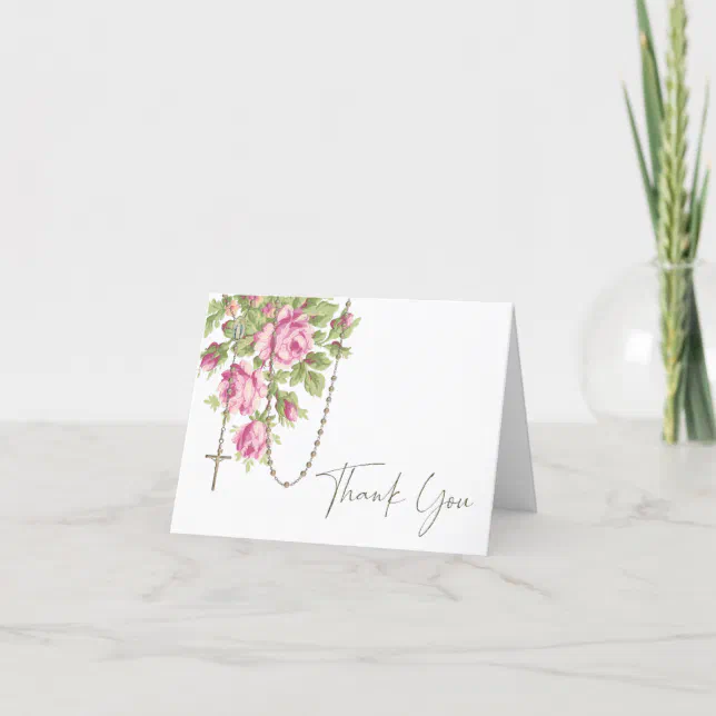 Catholic Pink Roses Blessed Mary Rosary Thank You Card | Zazzle