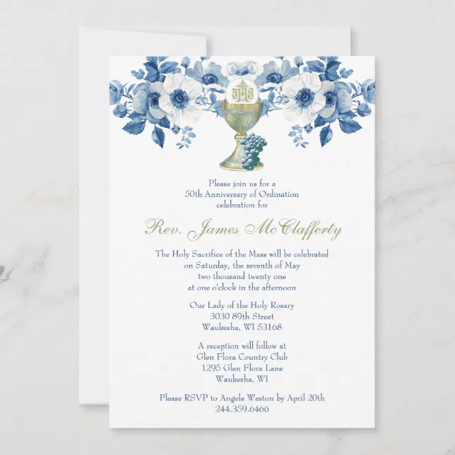 Catholic Priest Ordination Blue Anniversary Invitation | Zazzle