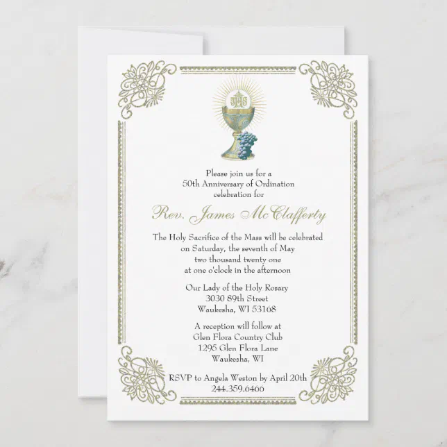 Catholic Priest Ordination Gold Anniversary Invitation | Zazzle