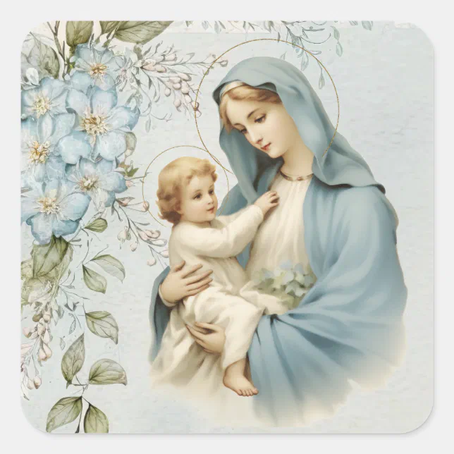 Catholic Religious Floral Jesus Virgin Mary Square Sticker | Zazzle