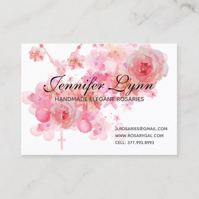Catholic Rosary Pink Roses Religious Floral Business Card | Zazzle