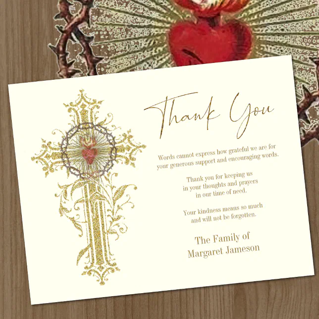 Catholic Sacred Heart Jesus Funeral Sympathy Thank You Card | Zazzle