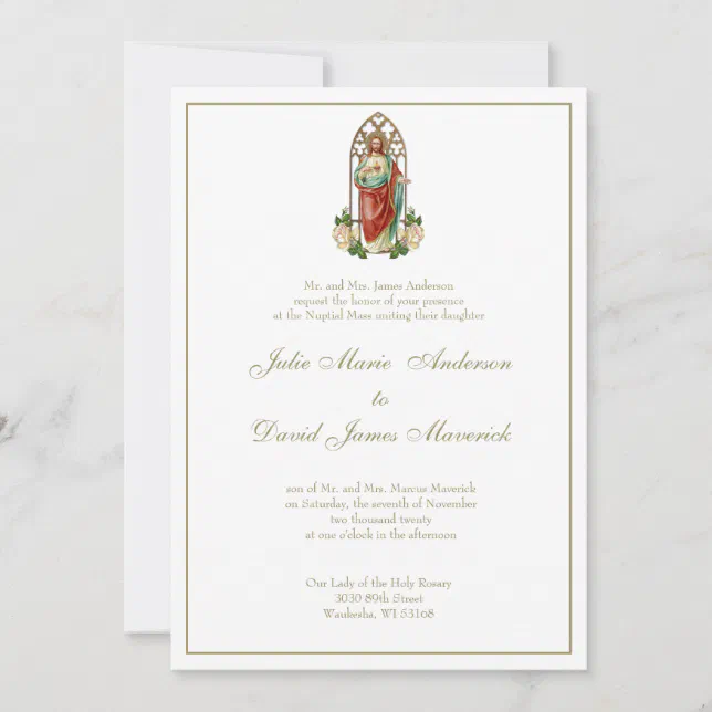 Catholic Sacred Heart Jesus Roses Wedding Invitation | Zazzle