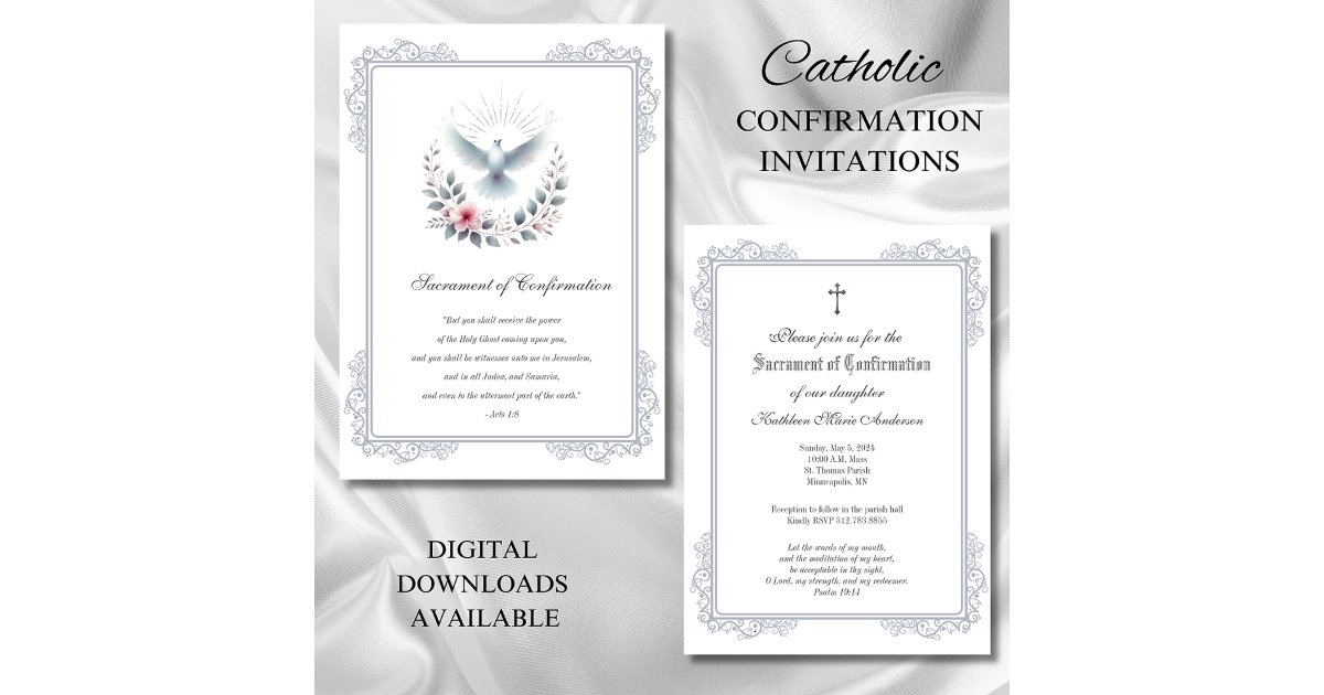 Catholic Silver Confirmation Dove Pink Roses Invitation | Zazzle