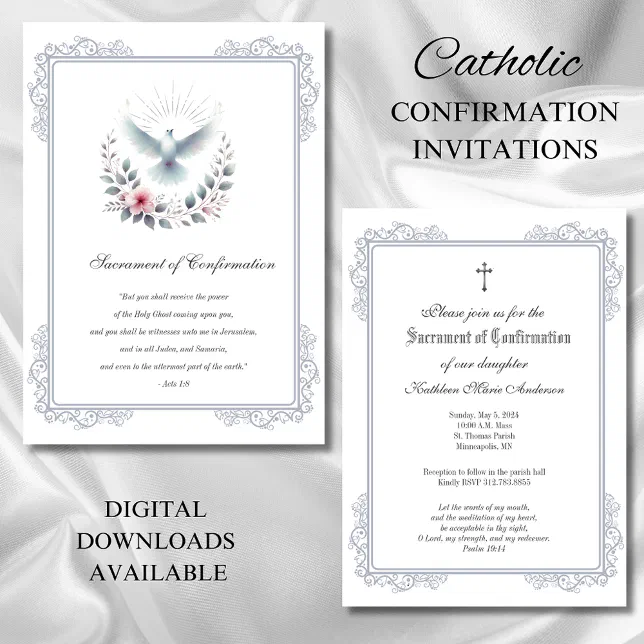 Catholic Silver Confirmation Dove Pink Roses Invitation | Zazzle