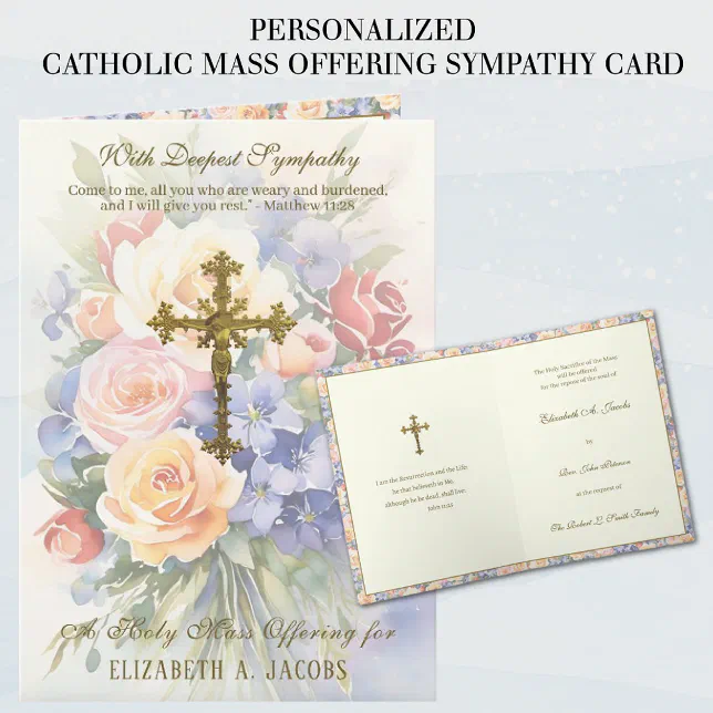 Catholic Sympathy Mass Offering Crucifix Floral Card | Zazzle