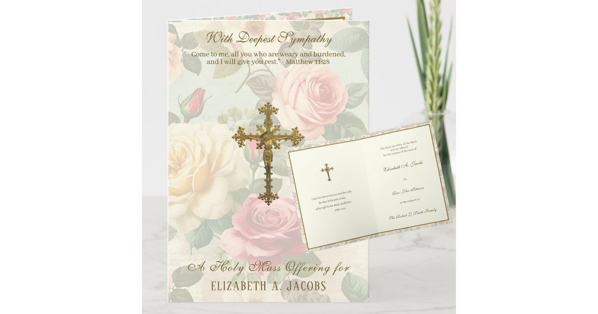 Catholic Sympathy Mass Offering Crucifix Roses Card | Zazzle