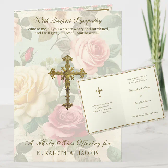Catholic Sympathy Mass Offering Crucifix Roses Card | Zazzle