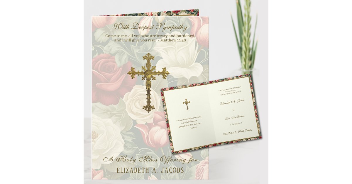 Catholic Sympathy Mass Offering Crucifix Roses Card | Zazzle