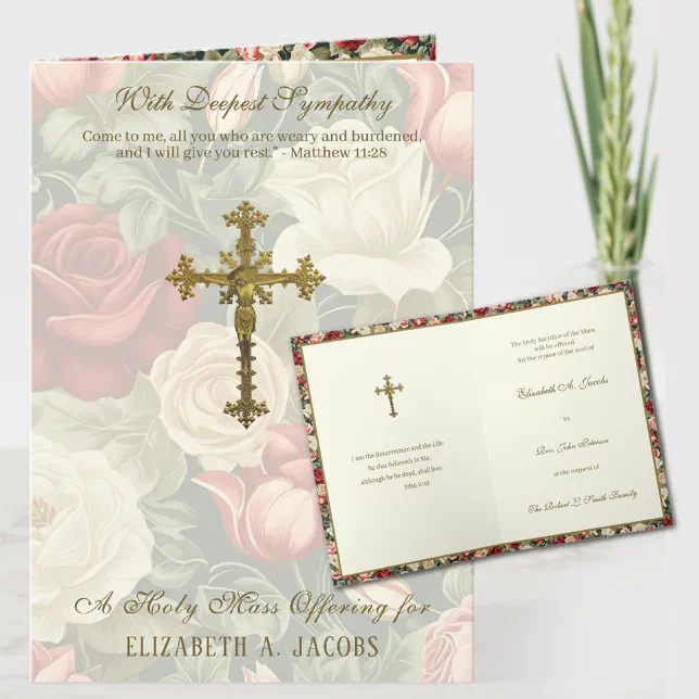 Catholic Sympathy Mass Offering Crucifix Roses Card | Zazzle